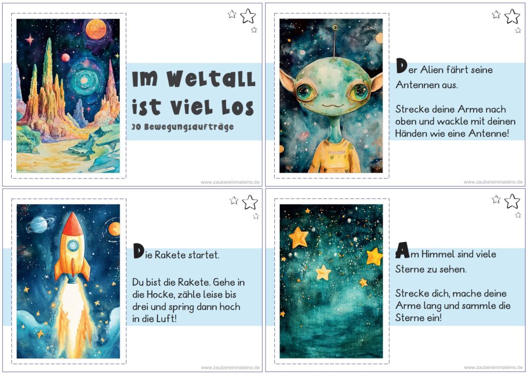 Bewegungskärtchen/Lesekärtchen: Im Weltall ist viel los ...